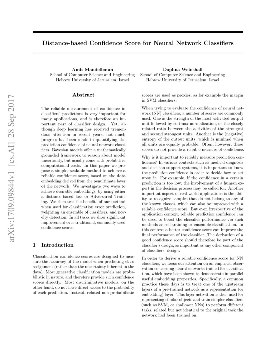 Distance Based Confidence Score For Neural Network Classifiers Deepai 