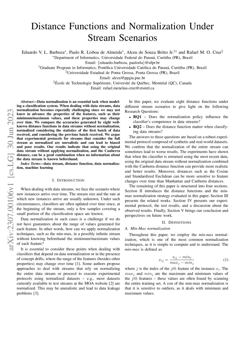 Distance Functions and Normalization Under Stream Scenarios | DeepAI