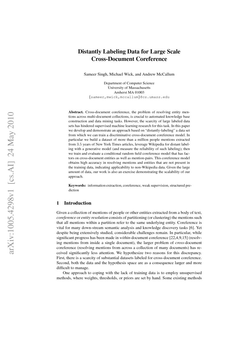 Distantly Labeling Data For Large Scale Cross Document Coreference Deepai