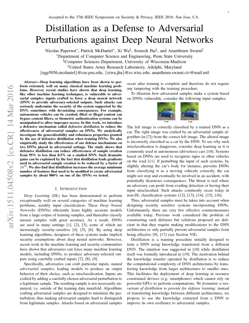 Distillation as a Defense to Adversarial Perturbations against Deep Neural Networks | DeepAI