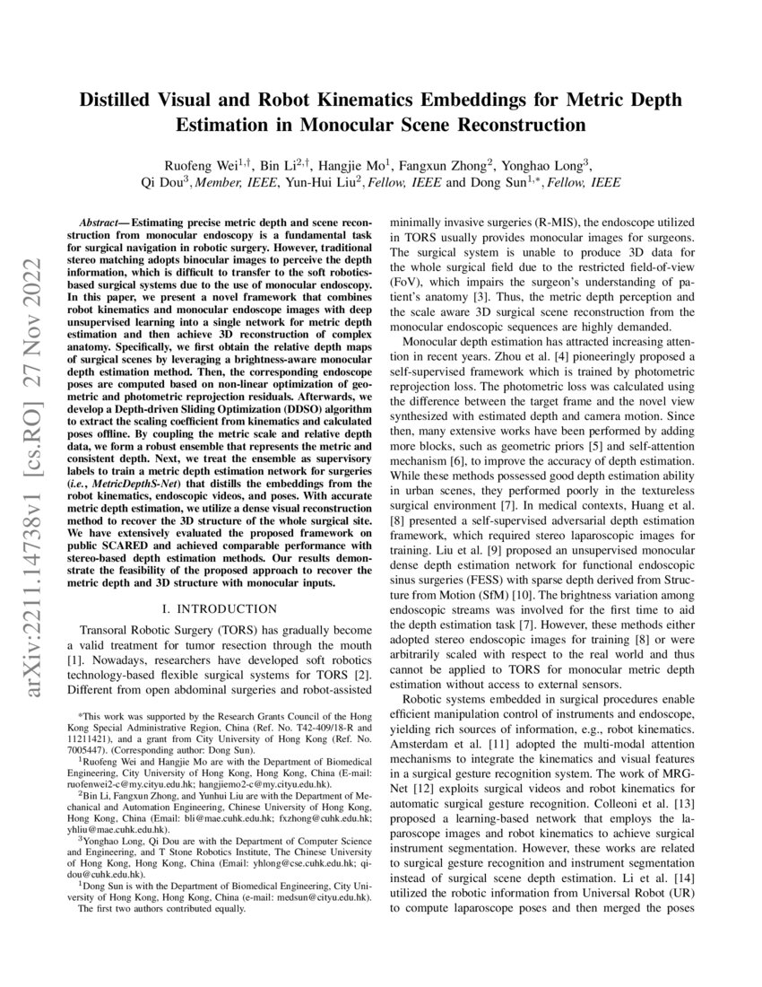 Distilled Visual And Robot Kinematics Embeddings For Metric Depth Estimation In Monocular Scene