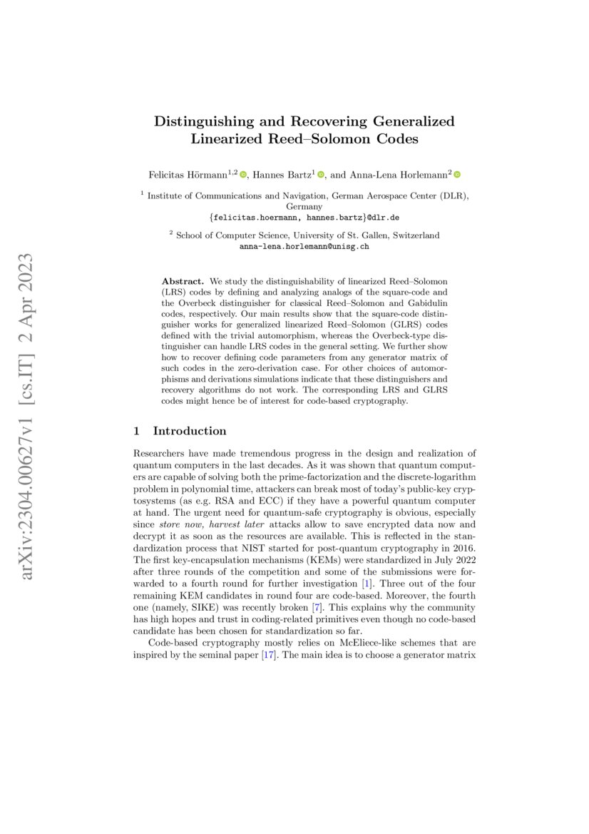 Distinguishing and Recovering Generalized Linearized Reed-Solomon Codes ...
