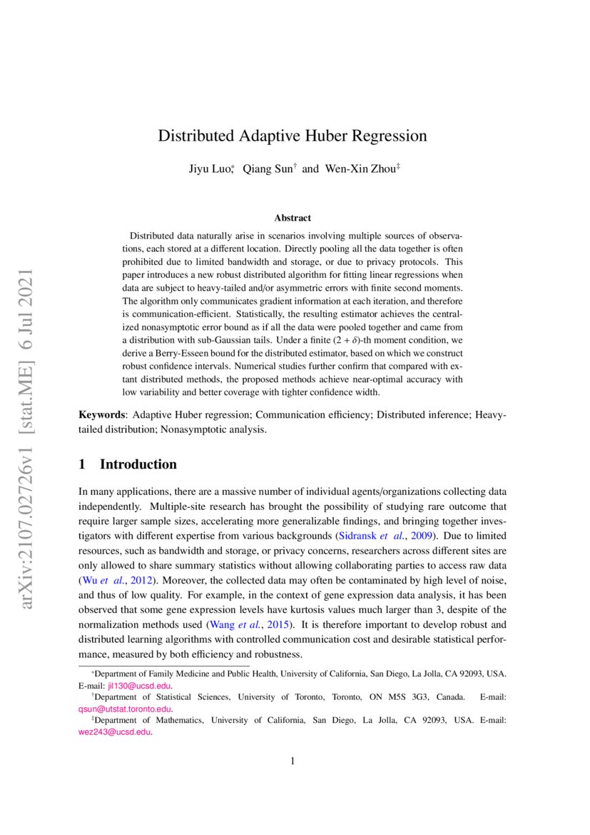 Distributed Adaptive Huber Regression | DeepAI