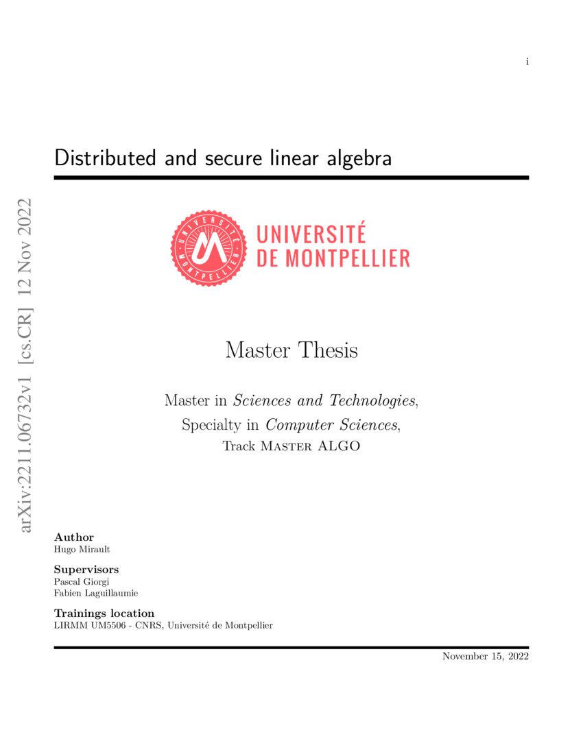 Distributed And Secure Linear Algebra Master Thesis Deepai