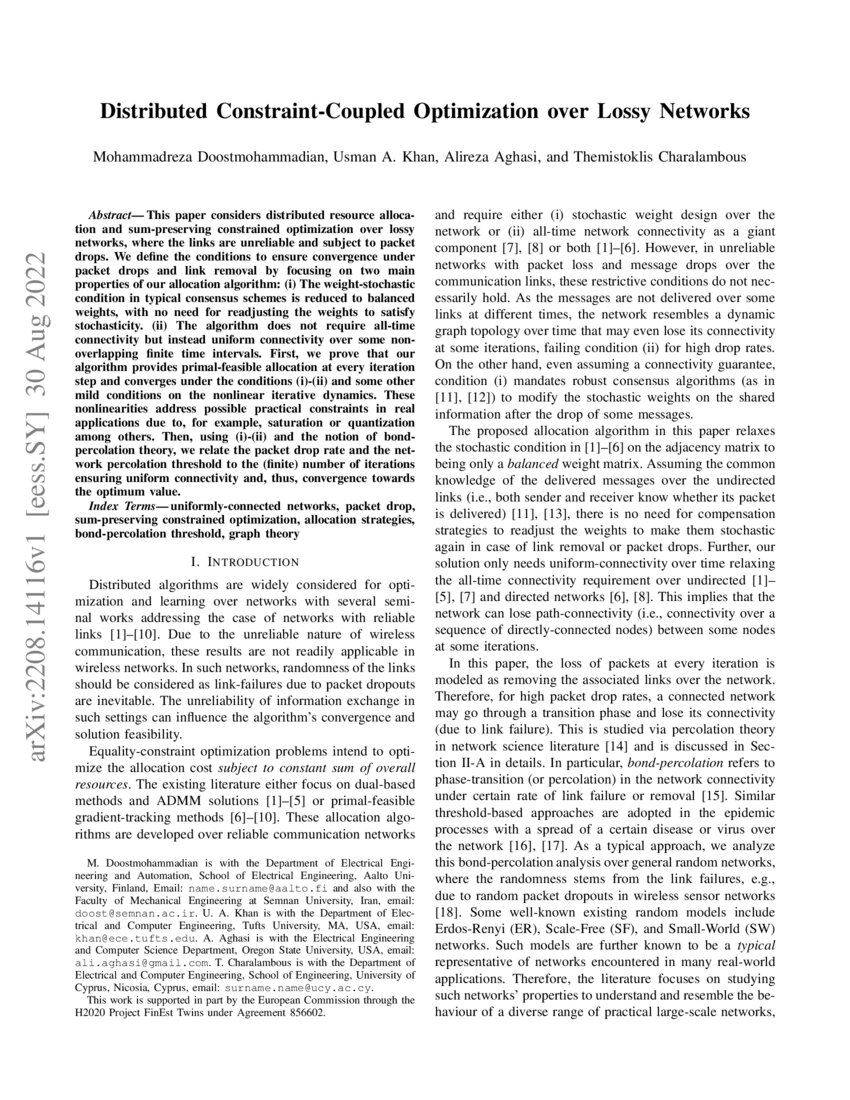 Distributed Constraint-Coupled Optimization over Lossy Networks | DeepAI Distributed Constraint-Coupled Optimization over Lossy Networks | DeepAI