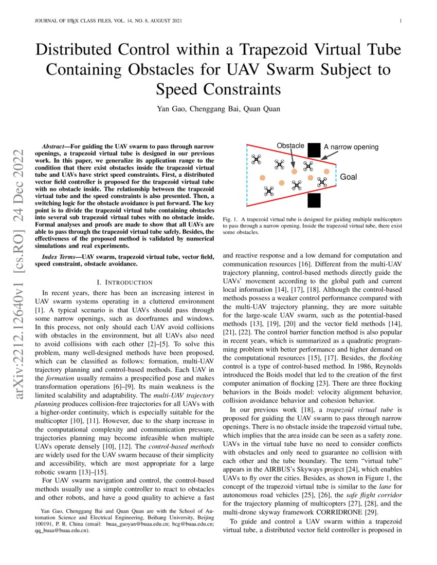 Distributed Control within a Trapezoid Virtual Tube Containing Obstacles for UAV Swarm Subject ...