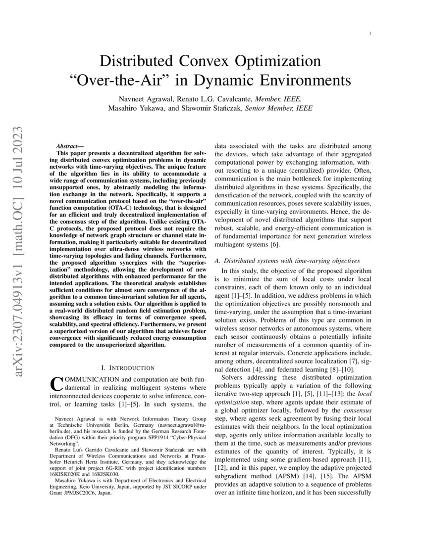 Distributed Convex Optimization Over The Air In Dynamic Environments Deepai