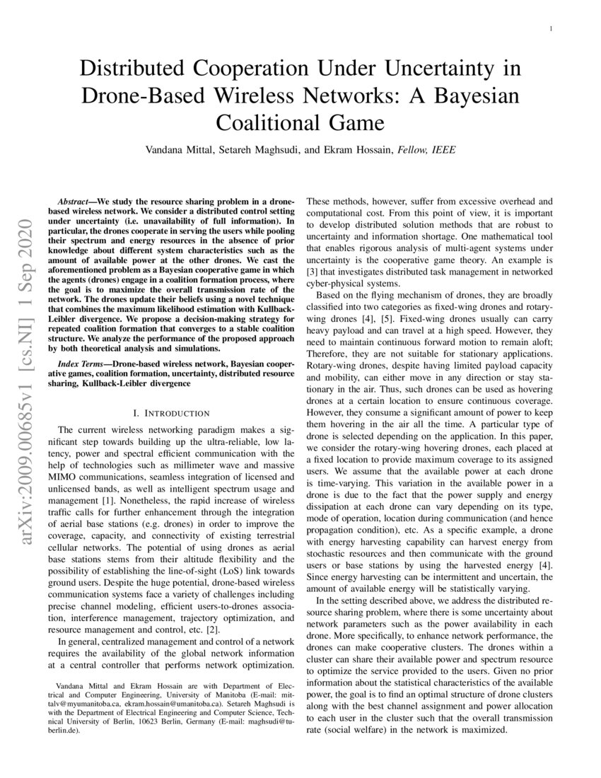 Distributed Cooperation Under Uncertainty in Drone-Based Wireless Networks: A Bayesian ...