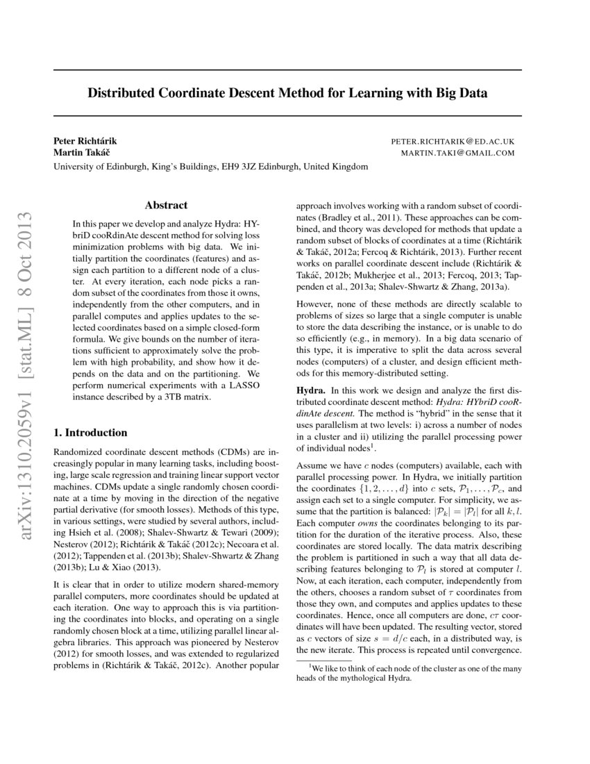 Distributed Coordinate Descent Method For Learning With Big Data Deepai