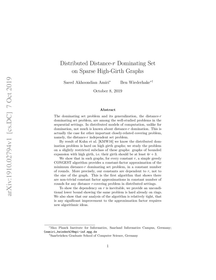 Distributed Distance R Dominating Set On Sparse High Girth Graphs Deepai