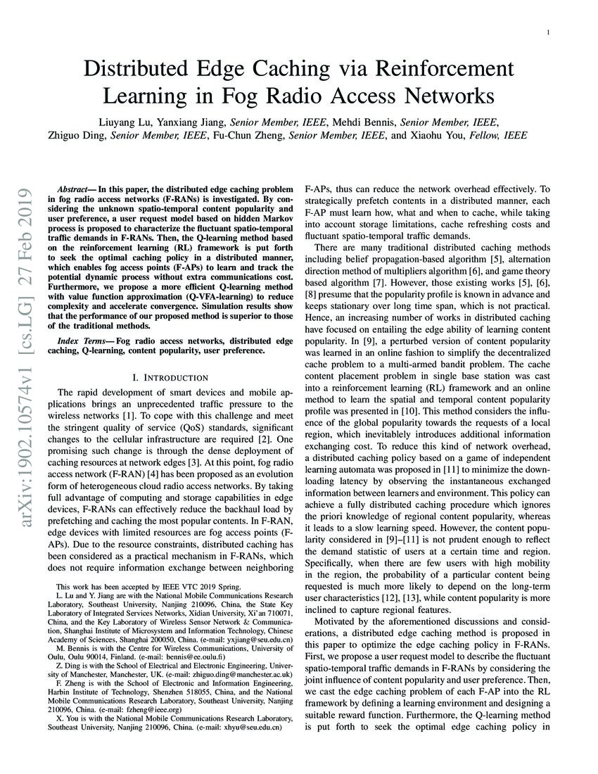 Distributed Edge Caching Via Reinforcement Learning In Fog Radio Access Networks Deepai