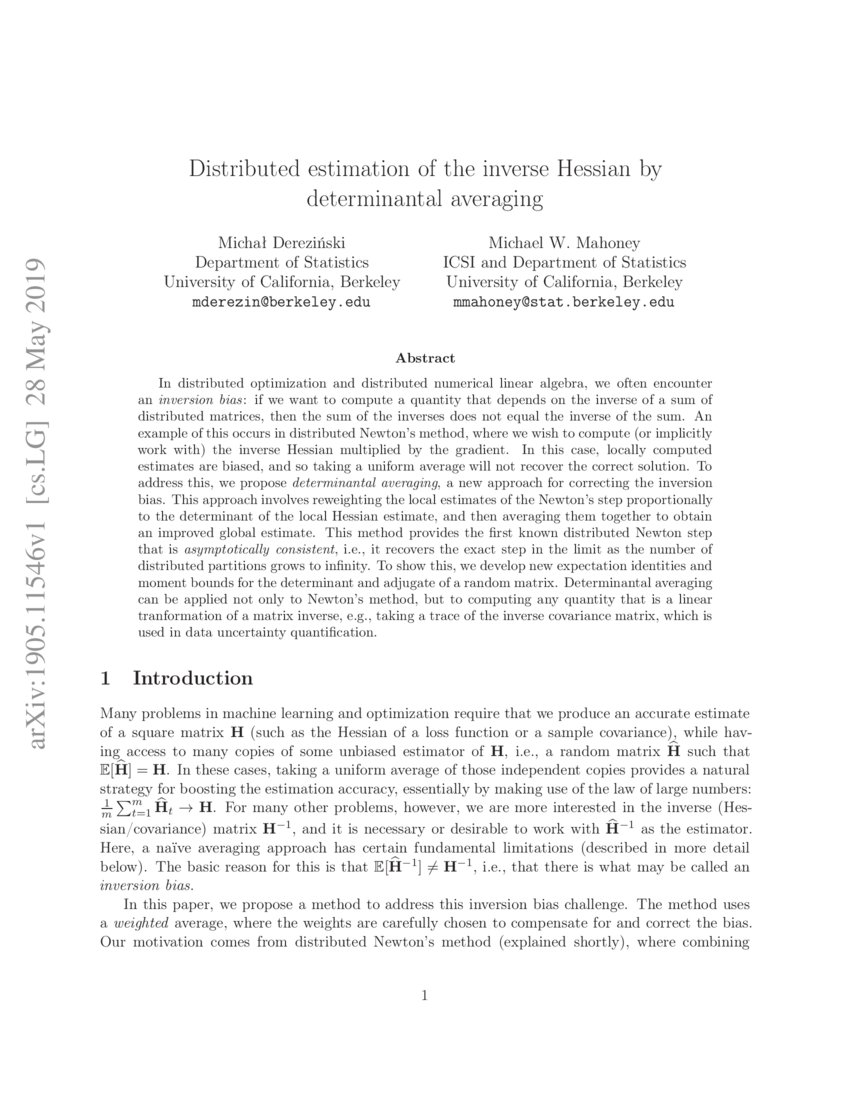 Distributed Estimation Of The Inverse Hessian By Determinantal