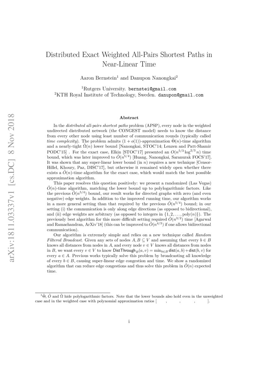 Distributed Exact Weighted All Pairs Shortest Paths In Near Linear Time Deepai