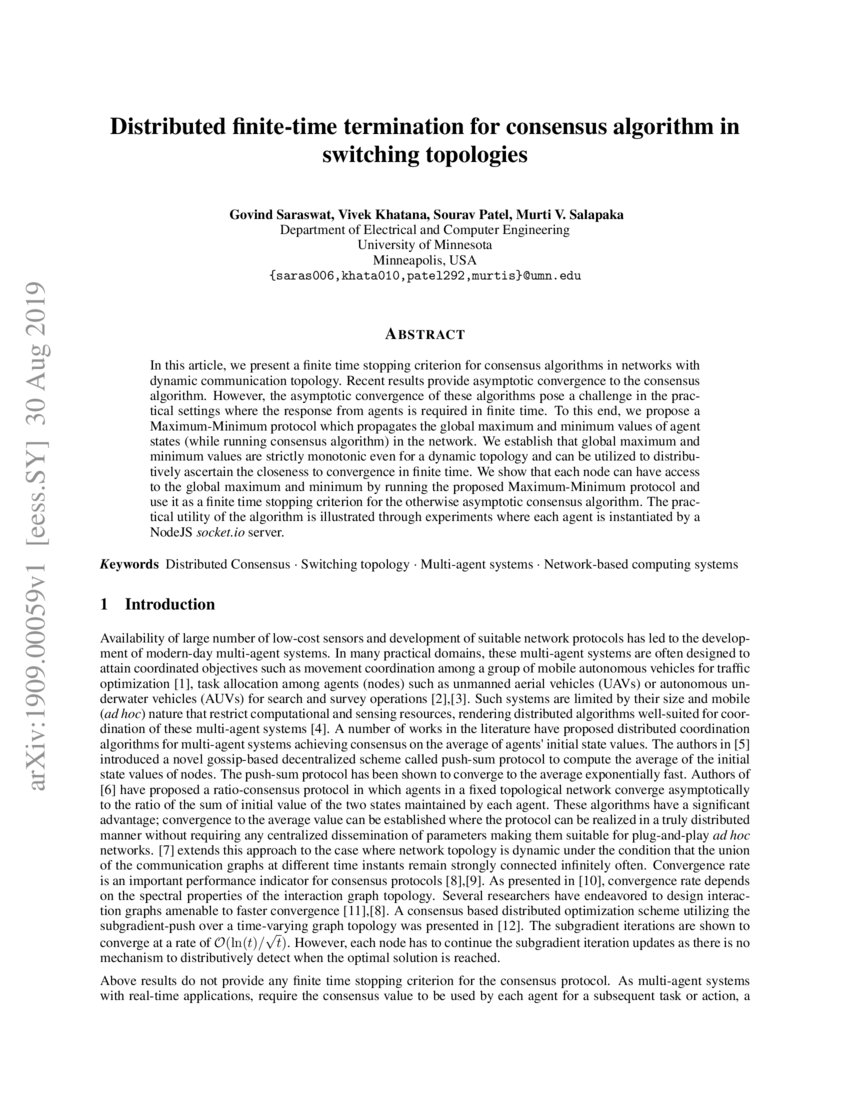 Distributed Finite Time Termination For Consensus Algorithm In Switching Topologies Deepai