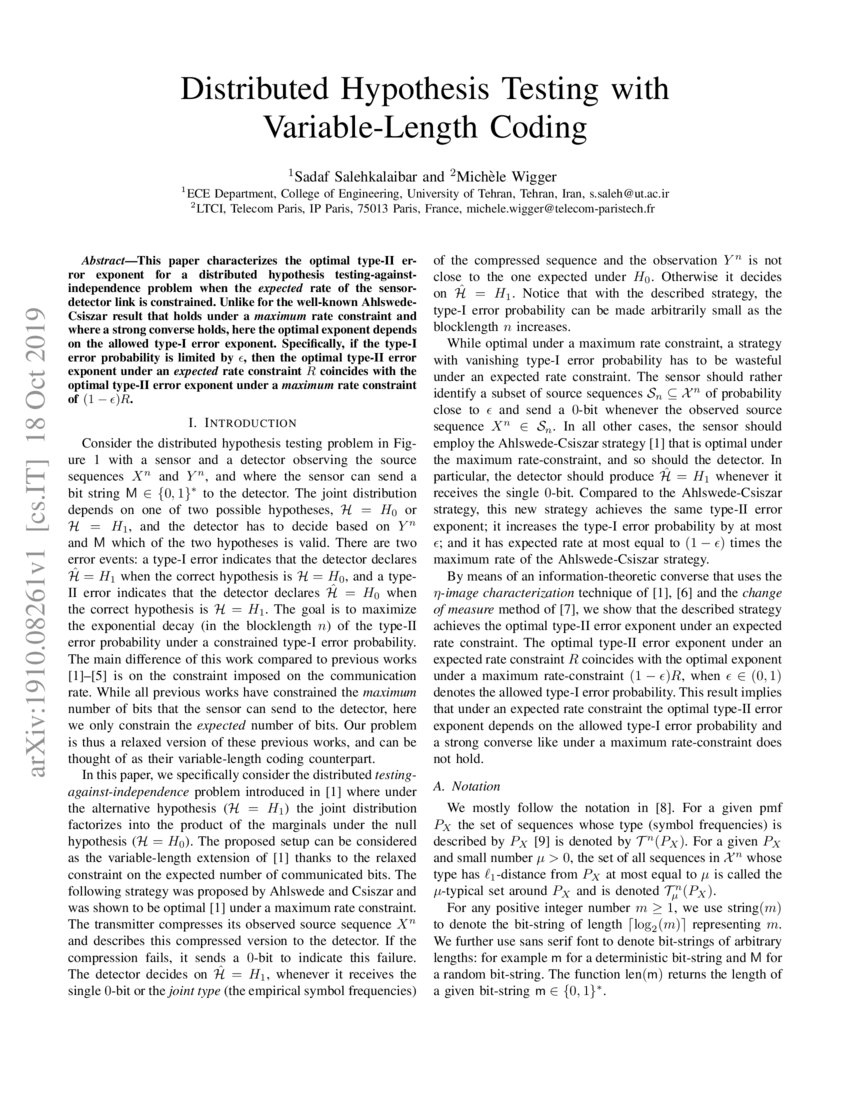 Distributed Hypothesis Testing With Variable Length Coding Deepai 8761
