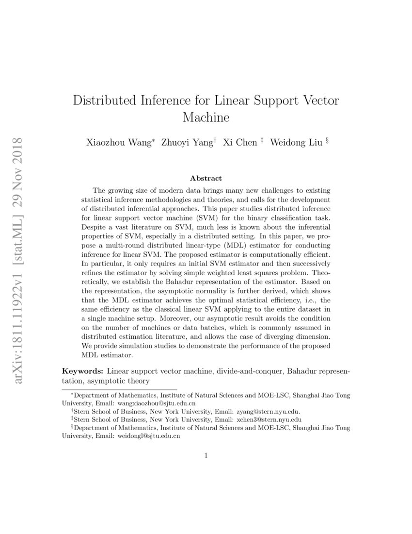 Distributed Inference for Linear Support Vector Machine | DeepAI