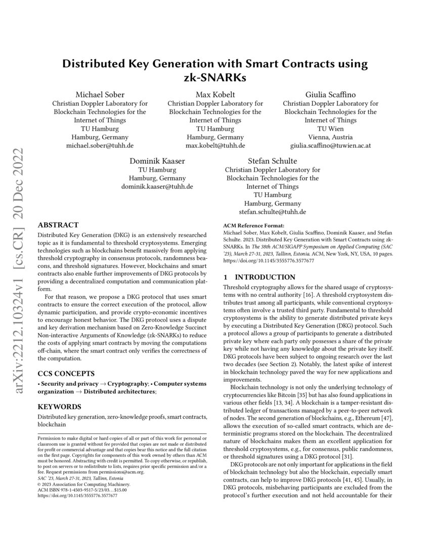 Distributed Key Generation with Smart Contracts using zk-SNARKs | DeepAI