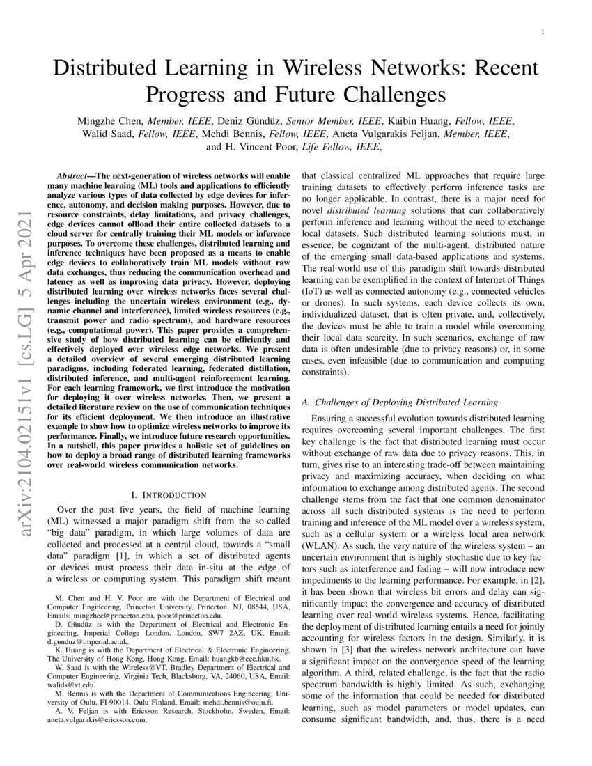 Distributed Learning In Wireless Networks Recent Progress And Future Challenges Deepai