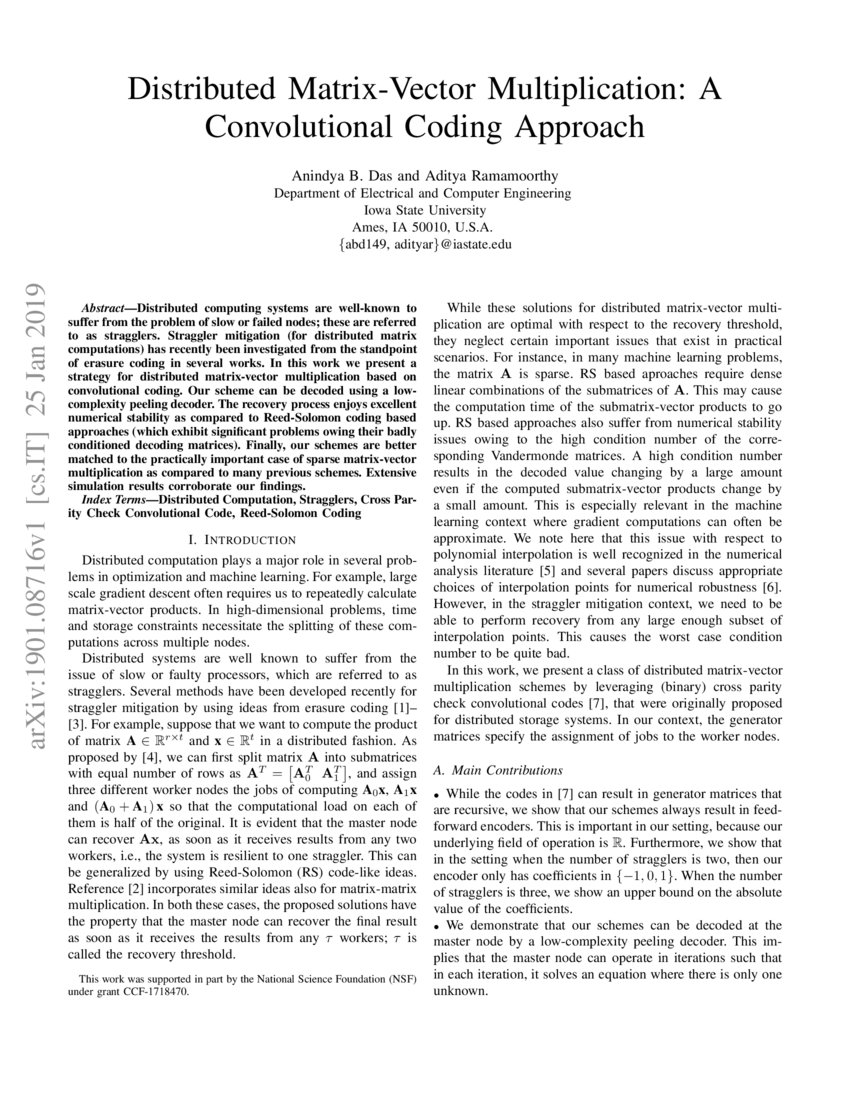 Distributed Matrix Vector Multiplication A Convolutional Coding