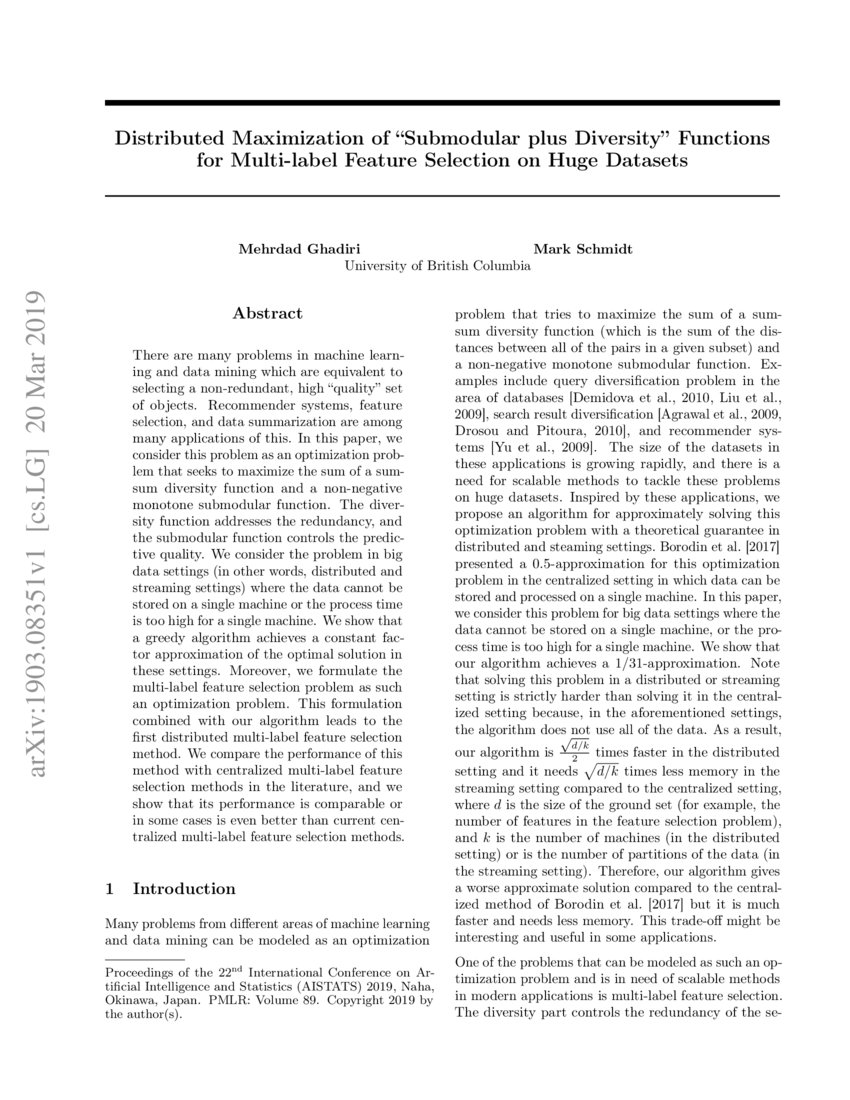 Distributed Maximization Of Submodular Plus Diversity Functions For Multi Label Feature
