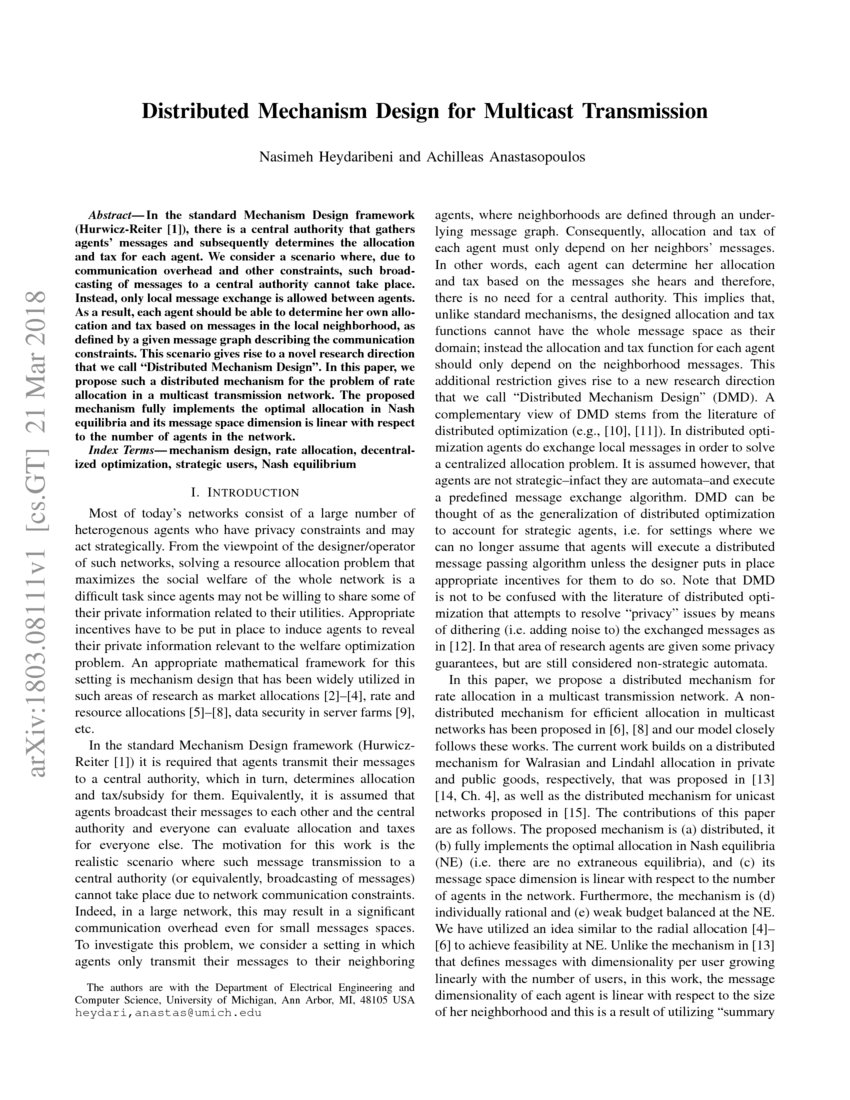 Distributed Mechanism Design for Multicast Transmission | DeepAI