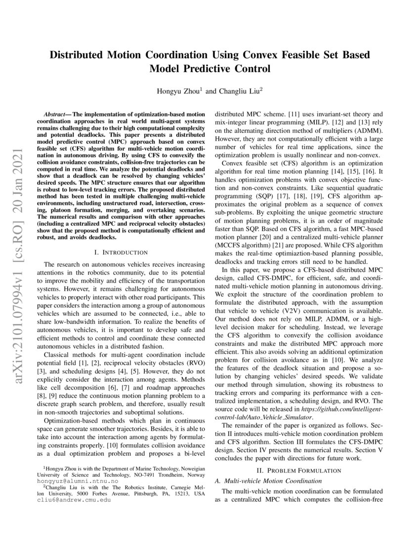 Distributed Motion Coordination Using Convex Feasible Set Based Model Predictive Control Deepai