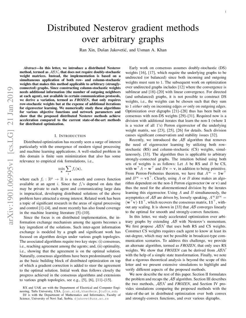 Distributed Nesterov gradient methods over arbitrary graphs | DeepAI