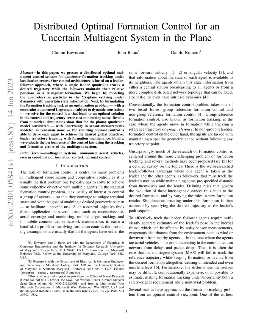 Distributed Optimal Formation Control for an Uncertain Multiagent System in the Plane | DeepAI