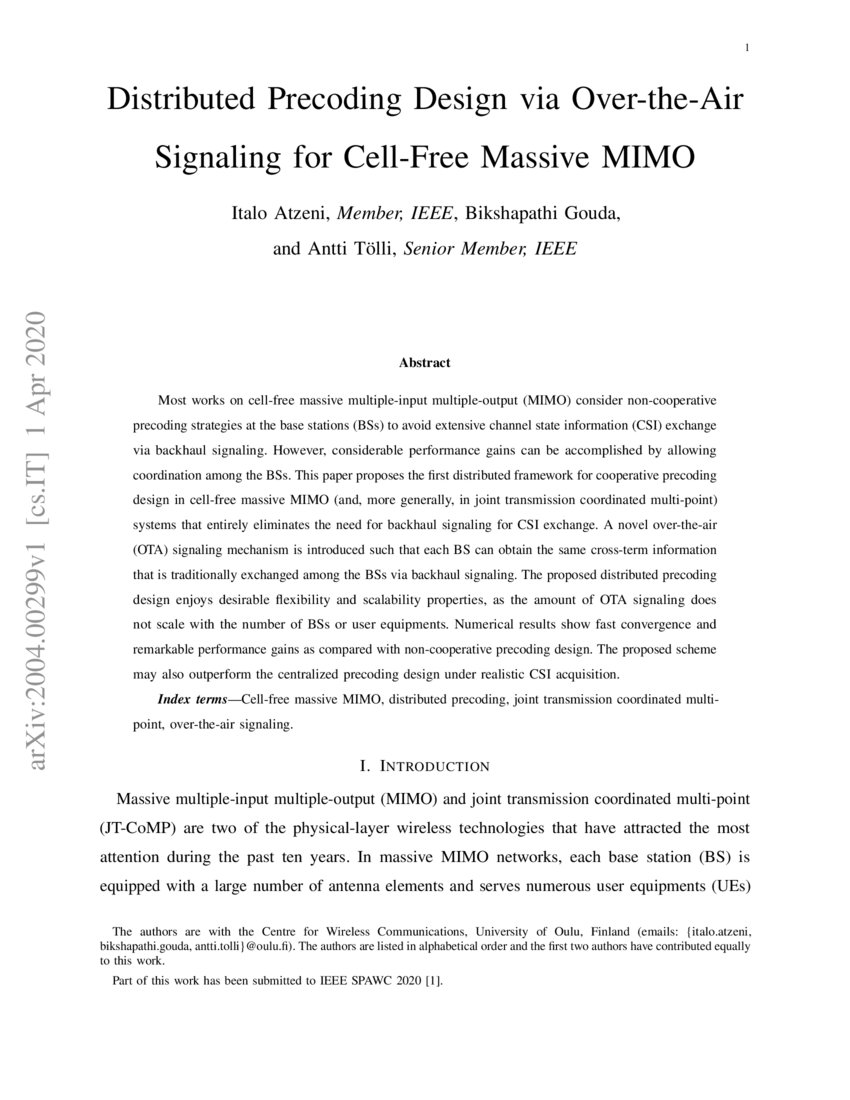 Distributed Precoding Design via Over-the-Air Signaling for Cell-Free Massive MIMO | DeepAI