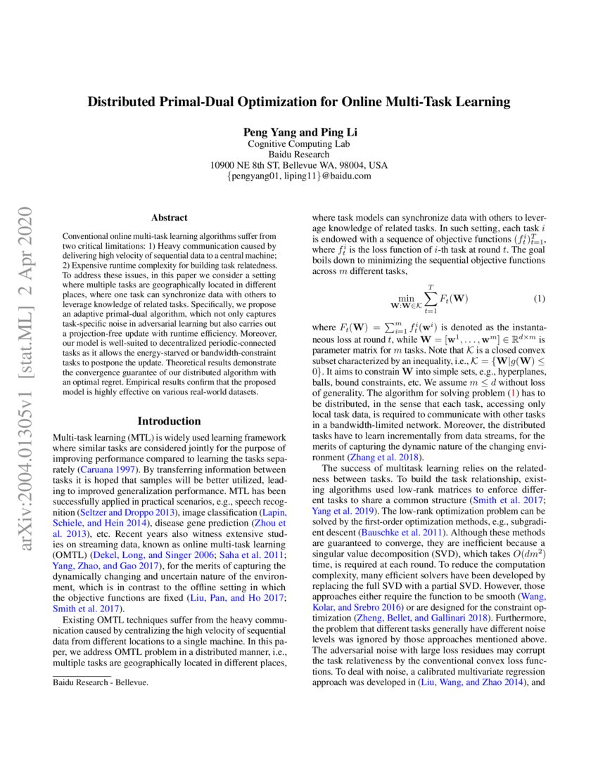 Distributed Primal Dual Optimization For Online Multi Task Learning Deepai