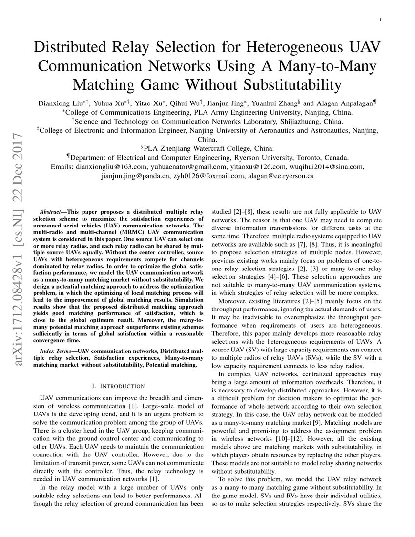 Distributed Relay Selection for Heterogeneous UAV Communication Networks Using A Many-to-Many ...