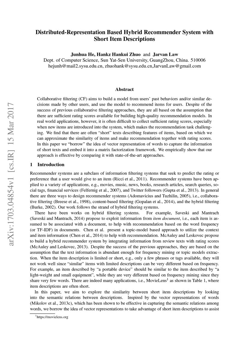 Distributed-Representation Based Hybrid Recommender System with Short ...