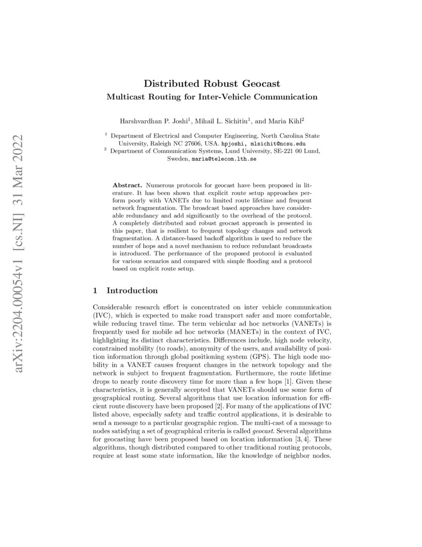 Distributed Robust Geocast Multicast Routing For Inter Vehicle Communication Deepai