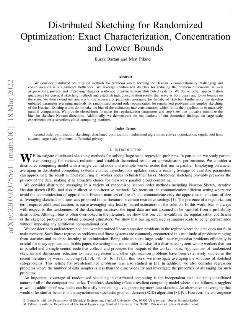 Distributed Sketching for Randomized Optimization: Exact ...