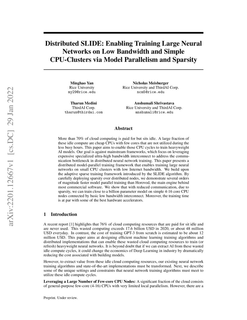 Distributed Slide Enabling Training Large Neural Networks On Low Bandwidth And Simple Cpu