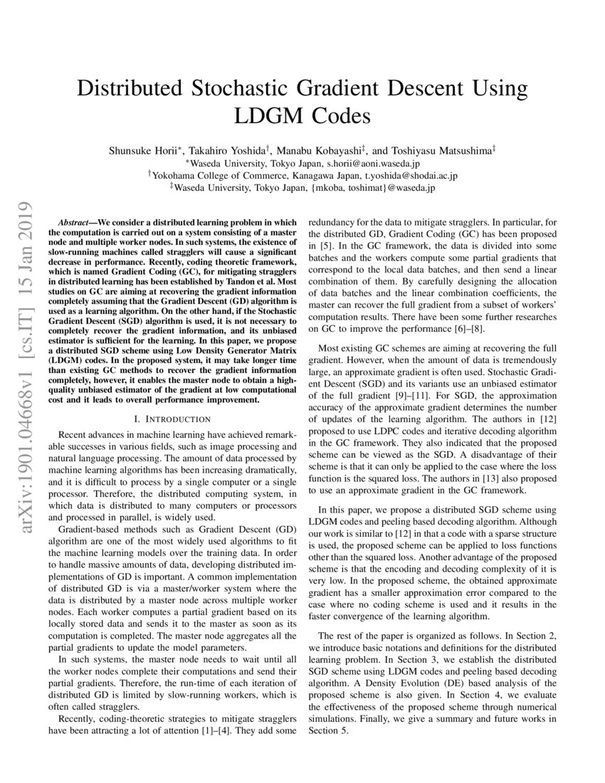 Distributed Stochastic Gradient Descent Using Ldgm Codes Deepai