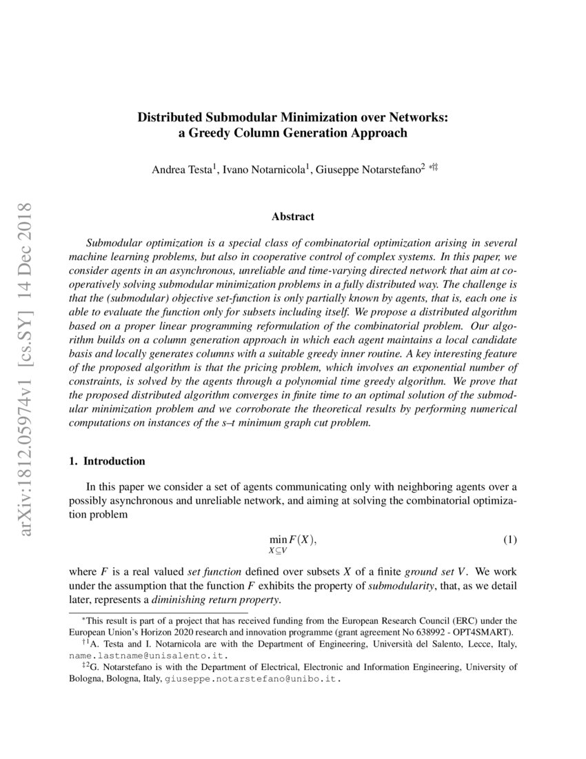 Distributed Submodular Minimization over Networks: a Greedy Column Generation Approach | DeepAI