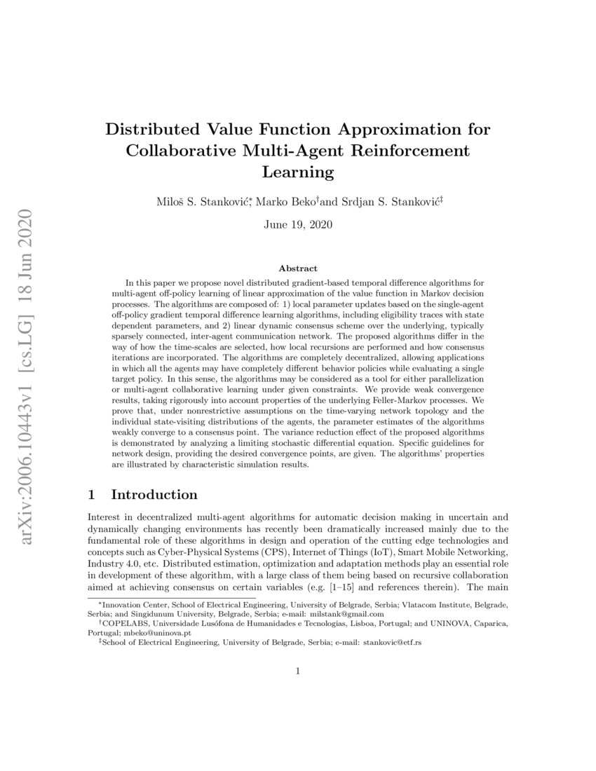 Distributed Value Function Approximation For Collaborative Multi Agent Reinforcement Learning