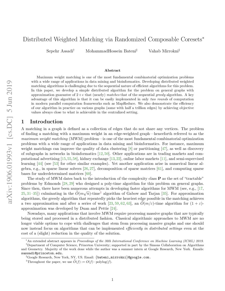 Distributed Weighted Matching via Randomized Composable Coresets | DeepAI