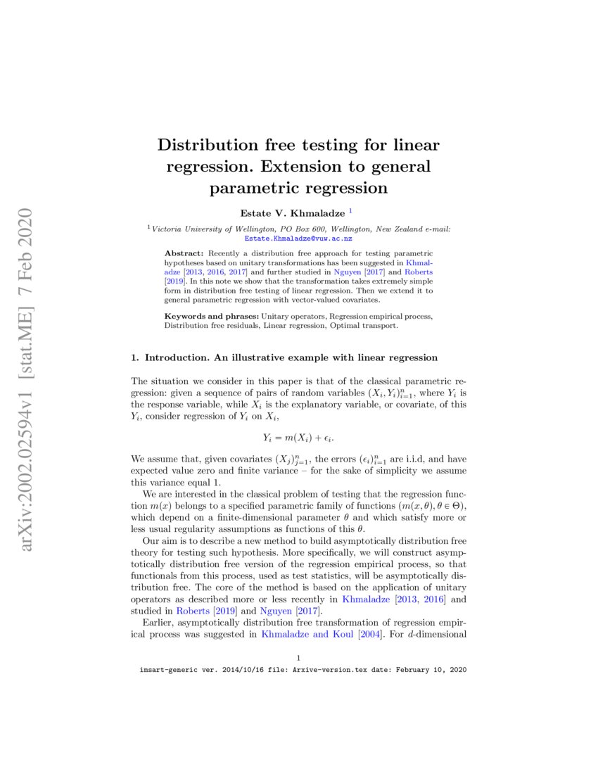 Distribution Free Testing For Linear Regression Extension To General Parametric Regression Deepai