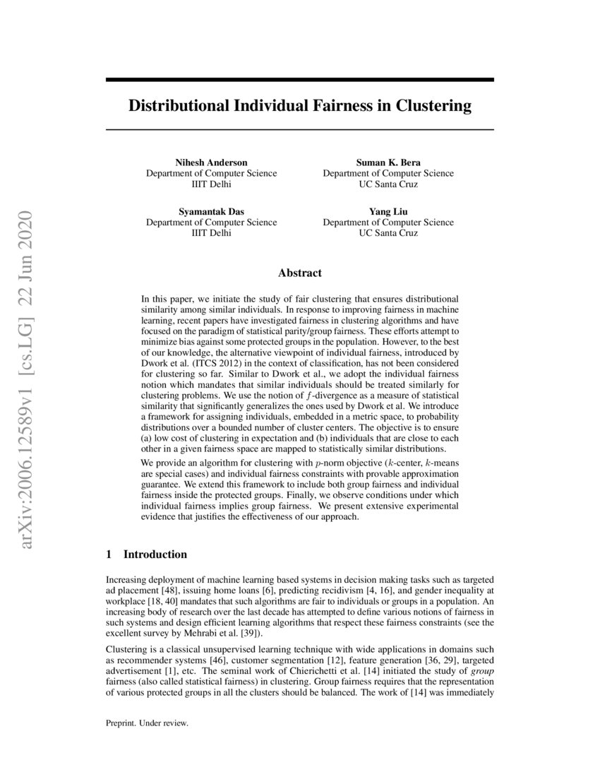 Distributional Individual Fairness in Clustering | DeepAI