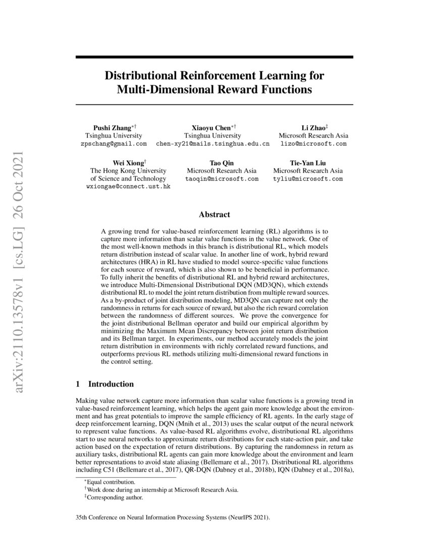 Distributional Reinforcement Learning For Multi Dimensional Reward Functions Deepai