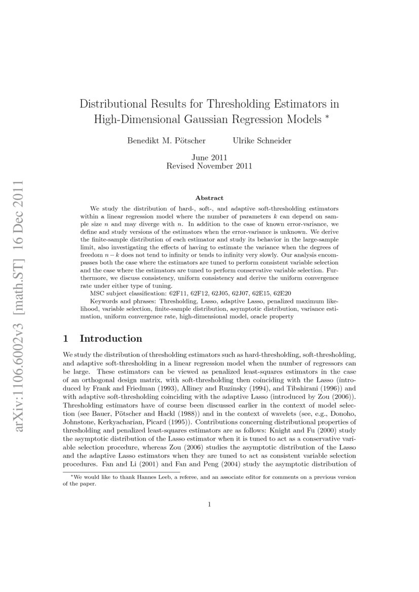Distributional Results for Thresholding Estimators in High-Dimensional Gaussian Regression ...