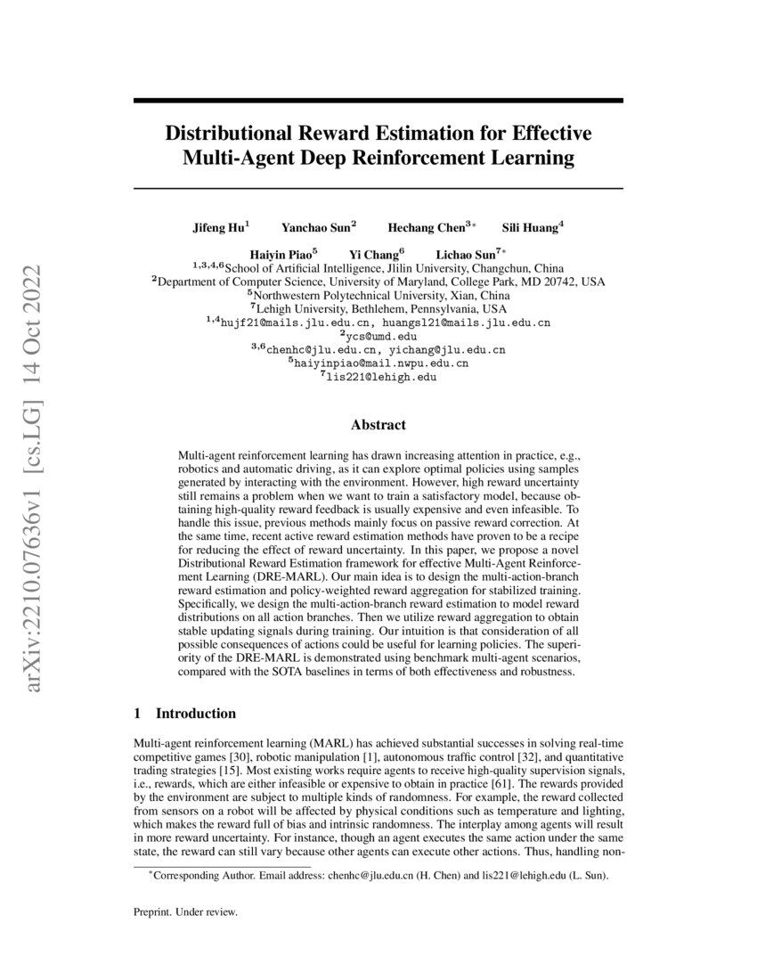 Distributional Reward Estimation For Effective Multi Agent Deep Reinforcement Learning Deepai 2619