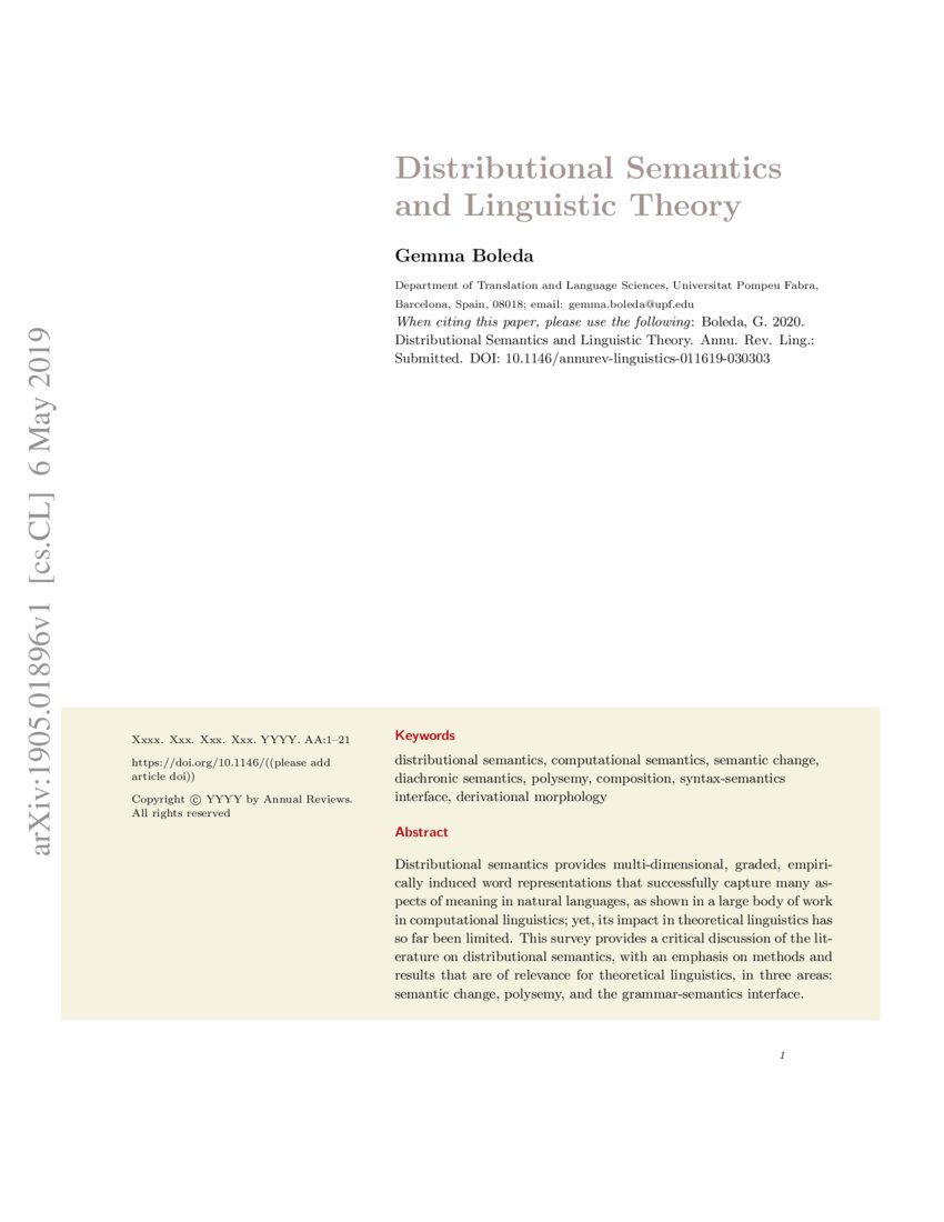 Distributional Semantics and Linguistic Theory | DeepAI