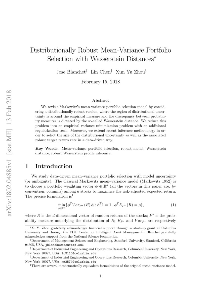 Distributionally Robust Mean Variance Portfolio Selection With Wasserstein Distances Deepai