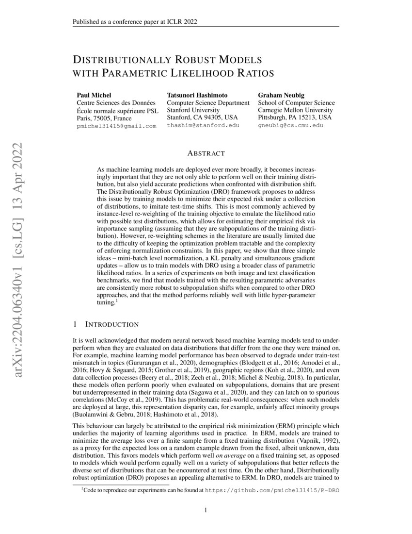 Distributionally Robust Models with Parametric Likelihood Ratios | DeepAI
