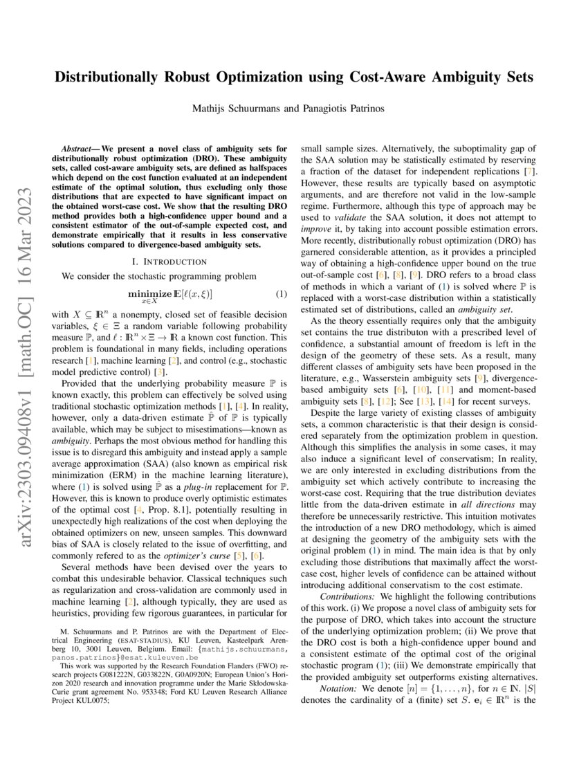Distributionally Robust Optimization Using Cost Aware Ambiguity Sets Deepai