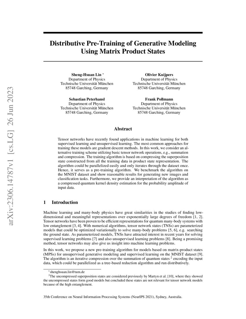 Distributive Pre Training Of Generative Modeling Using Matrix Product States Deepai 7697