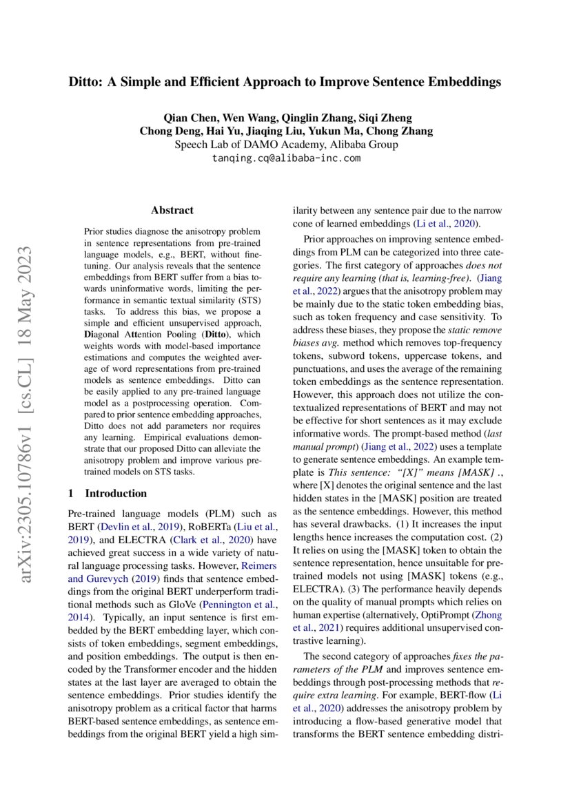 Ditto: A Simple and Efficient Approach to Improve Sentence Embeddings | DeepAI